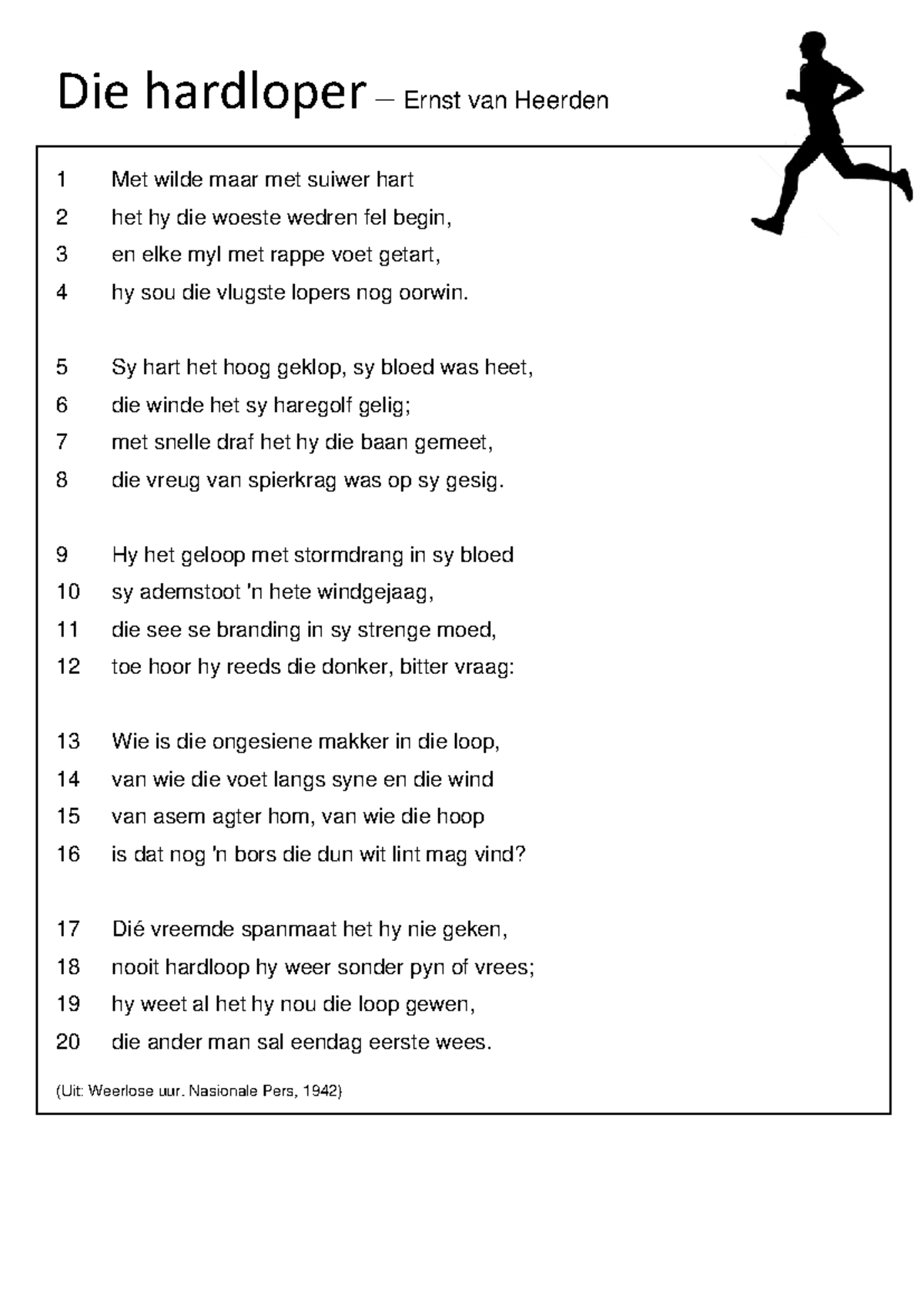 5. Die hardloper - 'n Matric Gedig van Ernst van Heerden - Studocu