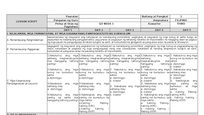 Filipino DLL Q3W1: Lesson Script on Diptonggo and Klaster - Studocu