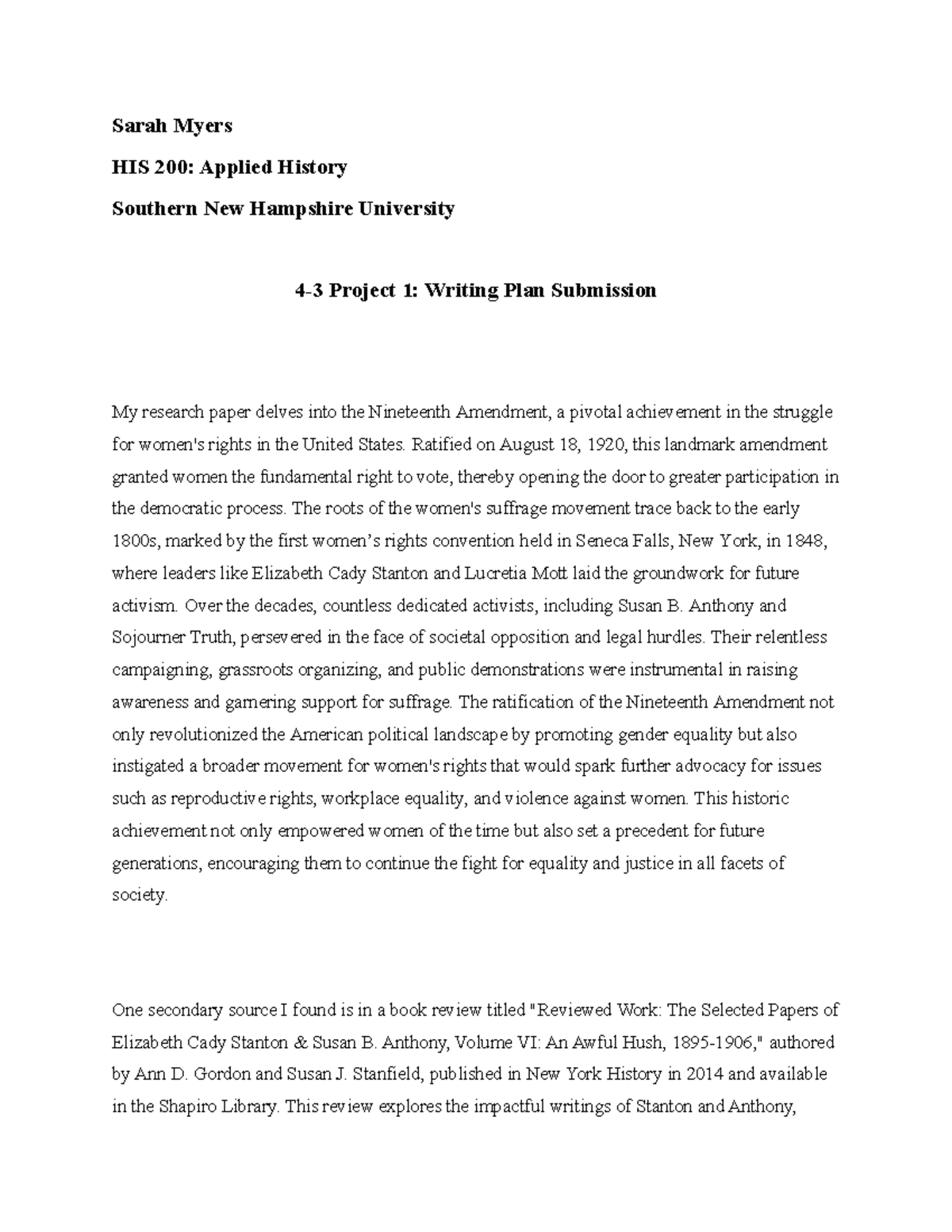 HIS 200: Project 1 - Writing Plan on the Nineteenth Amendment - Studocu