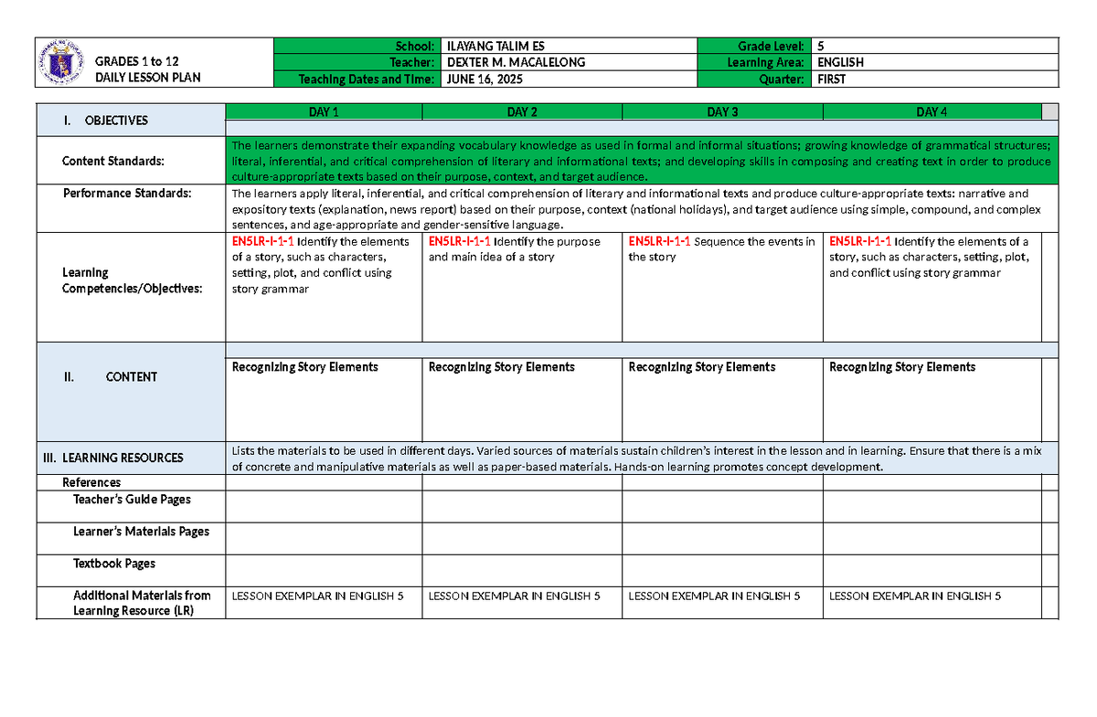 Eng 5-DLL WEEK 1: Daily Lesson Plan for English 5 - Studocu