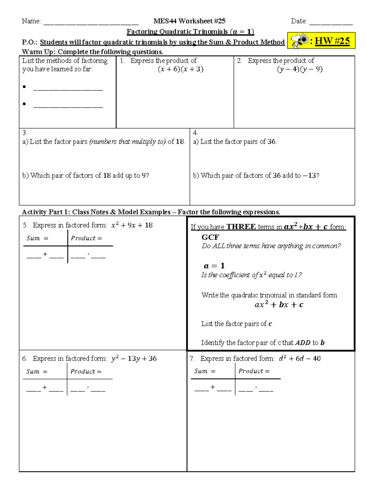 Factoring Quadratic Trinomials: MES44 Worksheet #25 Homework Guide ...