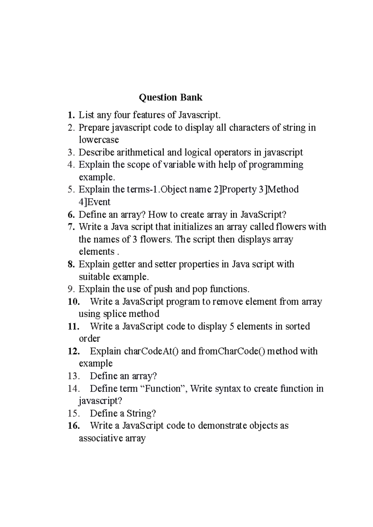Question bank: JavaScript features and coding examples - Studocu