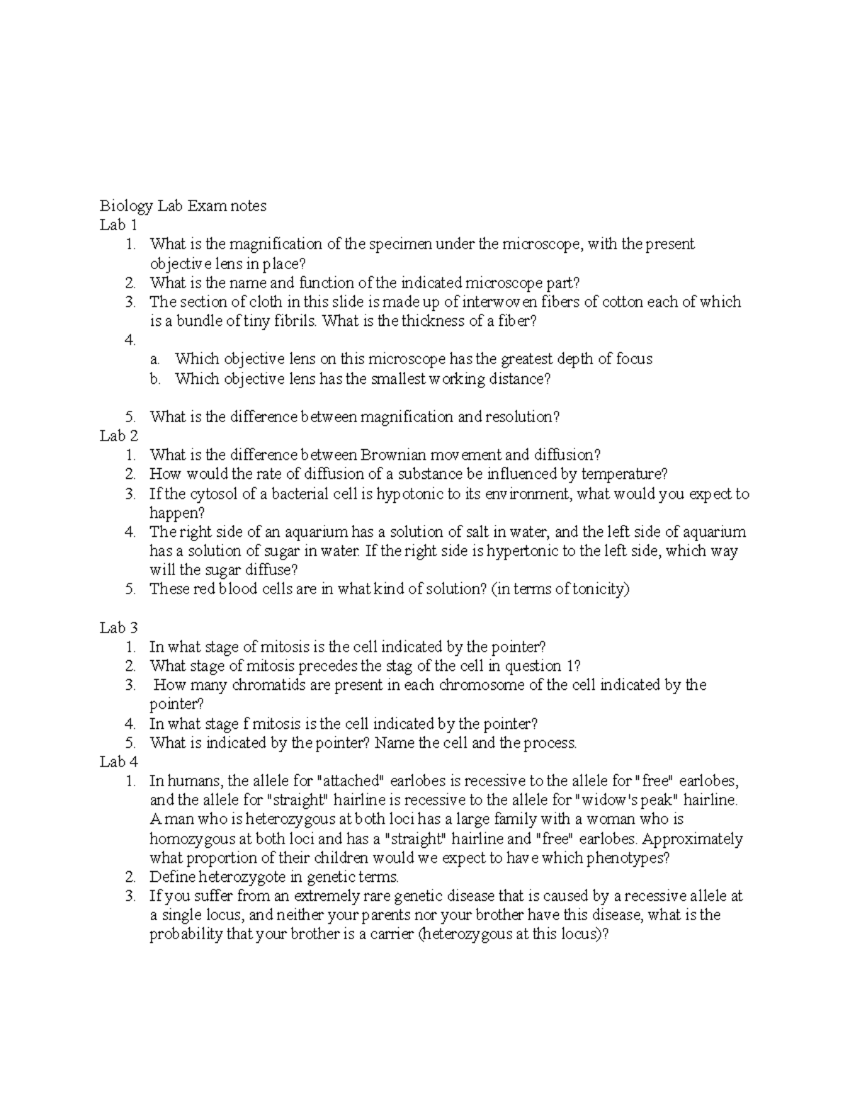 Biology Lab Exam Notes: Comprehensive Review for Labs 1-9 - Studocu