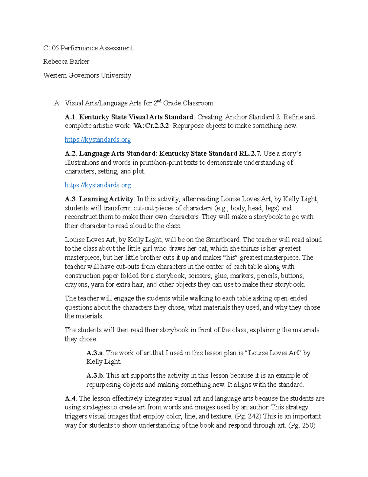 Visual Arts Lesson Plan - C105 Performance Assessment Rebecca Barker ...
