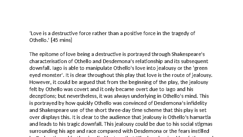 Love as a Destructive Force in the Tragedy of Othello (ENG 101) - Studocu