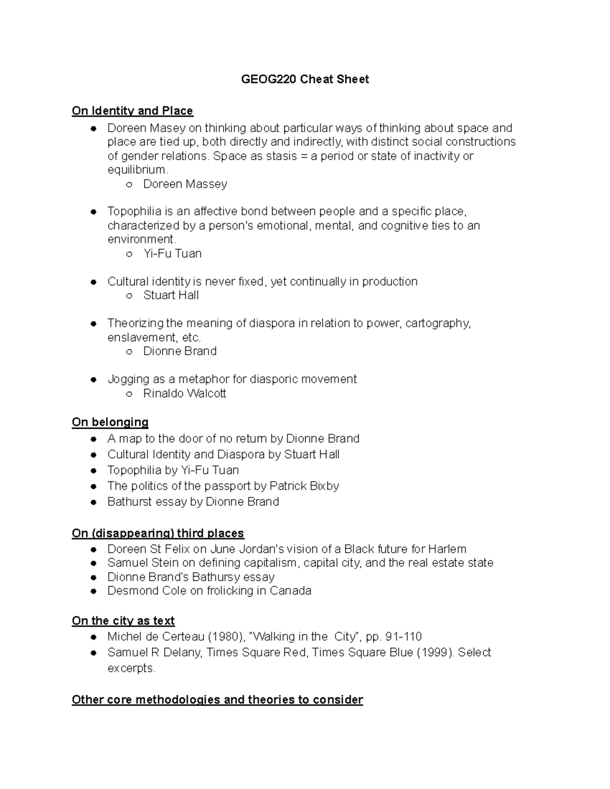 GEOG220 Cheat Sheet: Identity, Place, and Cultural Theories - Studocu