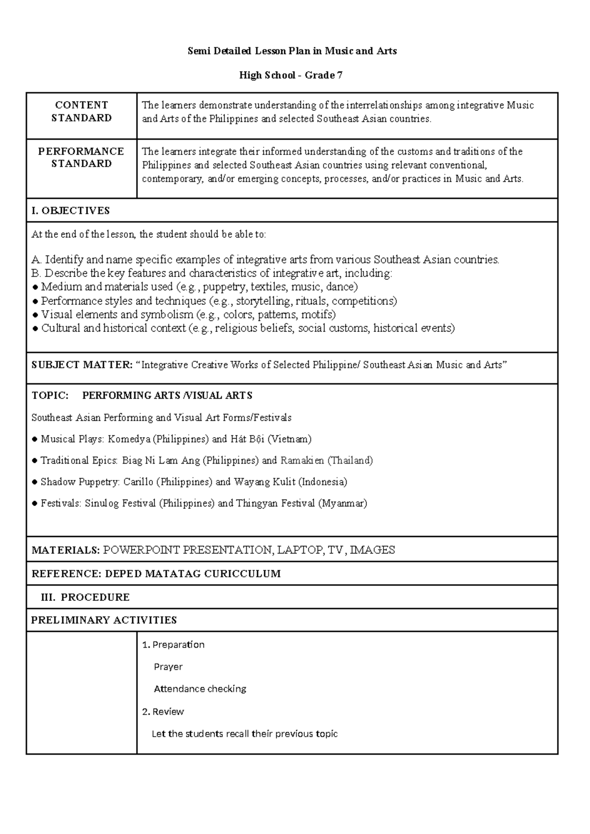 Semi-Detailed Lesson Plan in Music and Arts for Grade 7 - Studocu