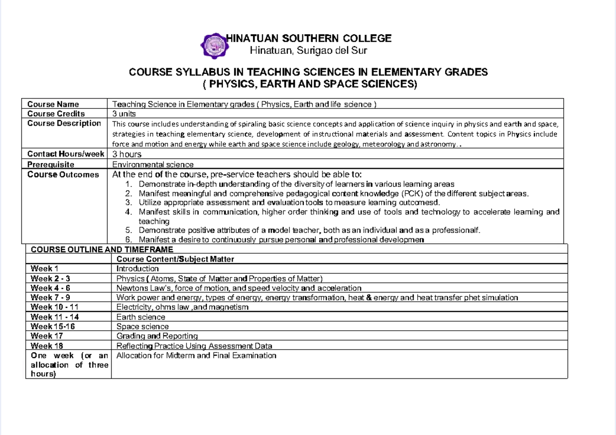 COURSE SYLLABUS: TEACHING SCIENCE IN ELEMENTARY GRADES (PHYSICS, EARTH & SPACE - Studocu