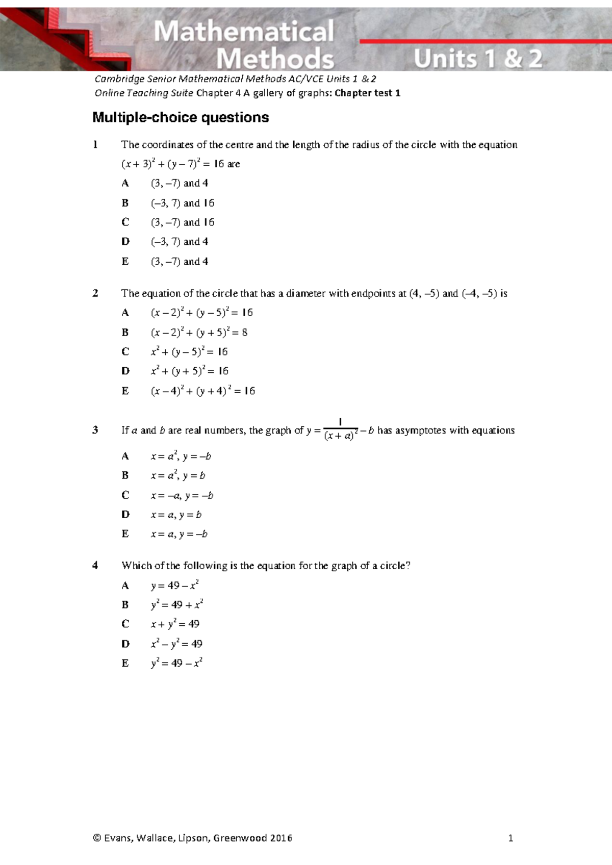 Chapter 4 Test 1: A Gallery of Graphs - Year 11 Unit 1/2 Cambridge ...