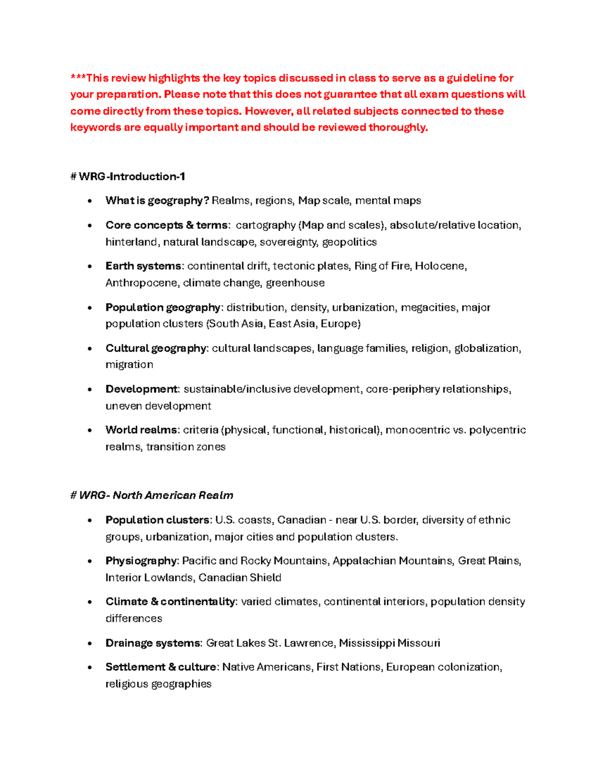 Geography Review Notes: Key Concepts and Areas (WGR) - Studocu