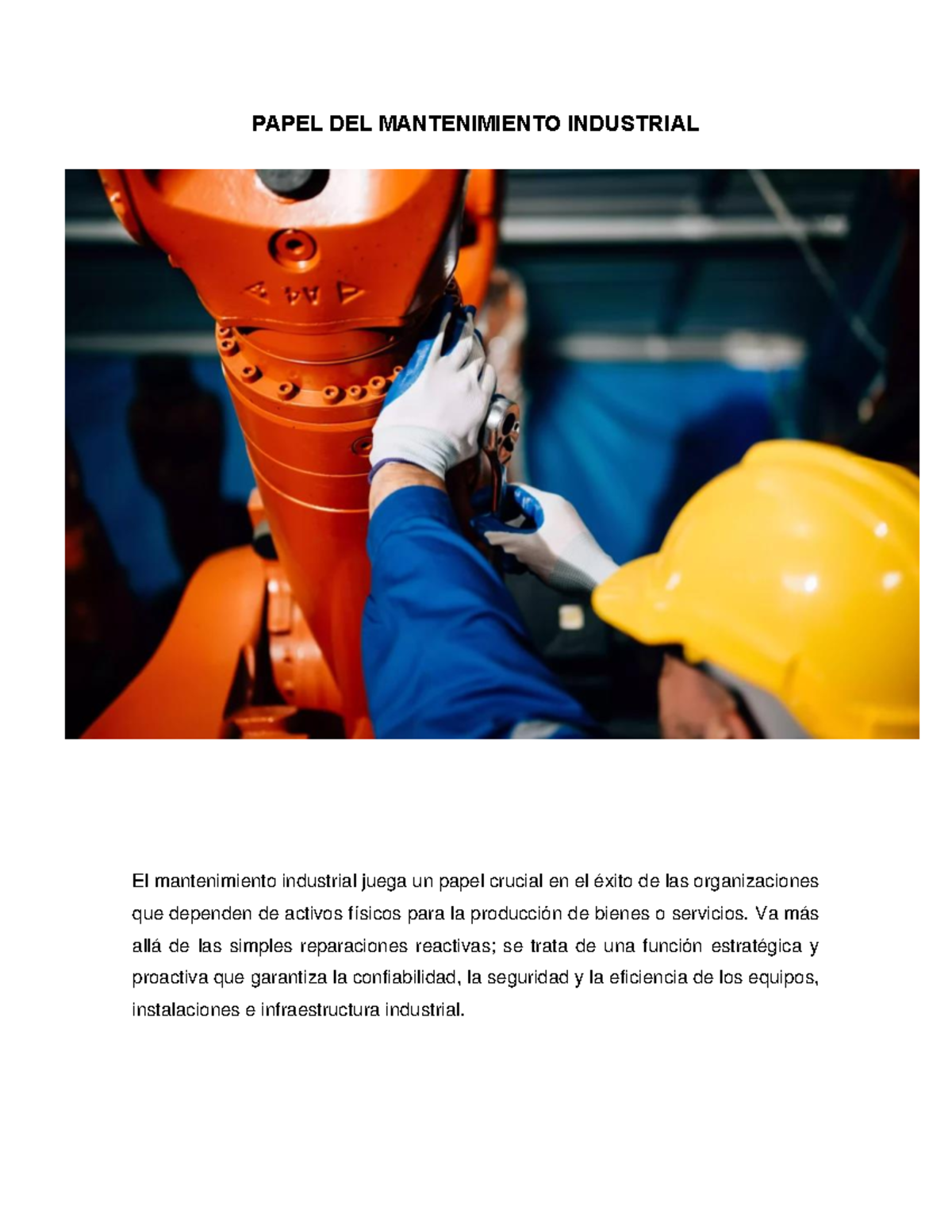 Papel DEL Mantenimiento Industrial - PAPEL DEL MANTENIMIENTO INDUSTRIAL El mantenimiento ...