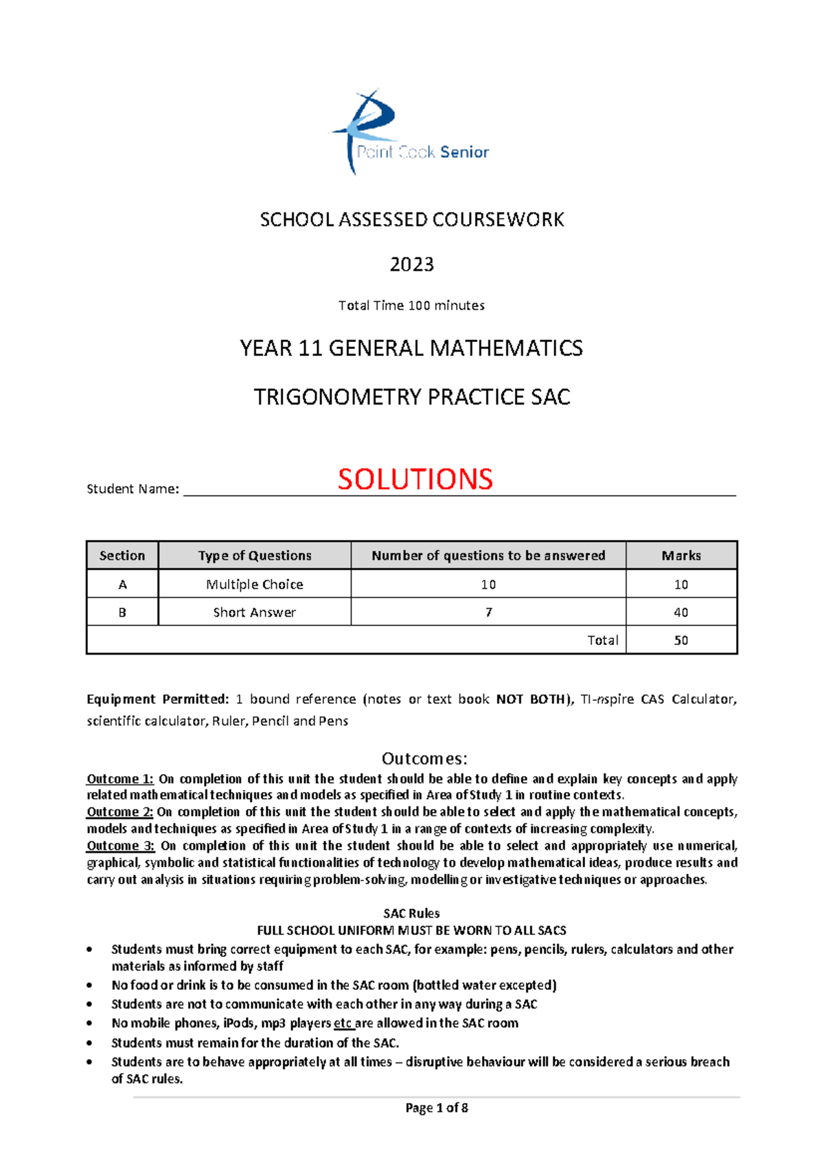 Chapter 7: Trigonometry Practice SAC 2023 Solutions (DDA) - Studocu
