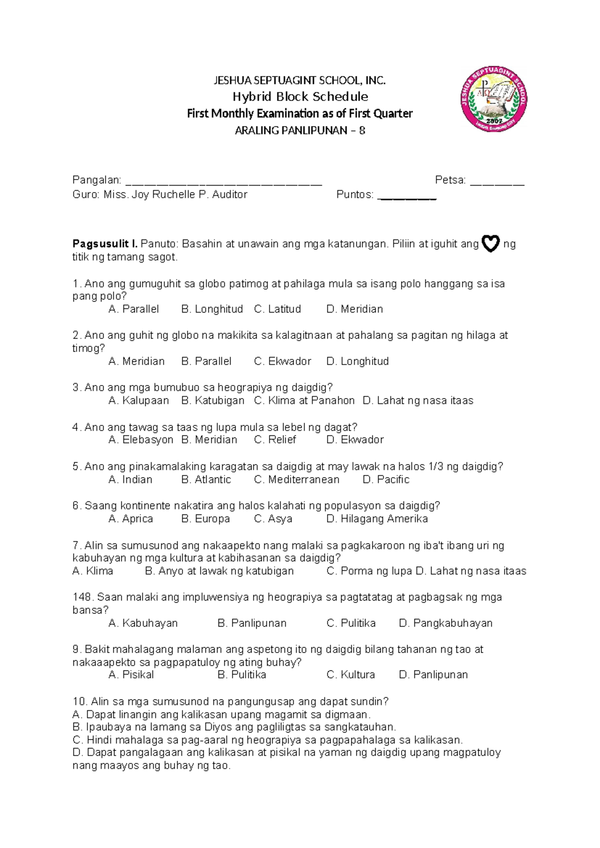 JSS-Grade 8 Exam Arapan FQ - JESHUA SEPTUAGINT SCHOOL, INC. Hybrid ...