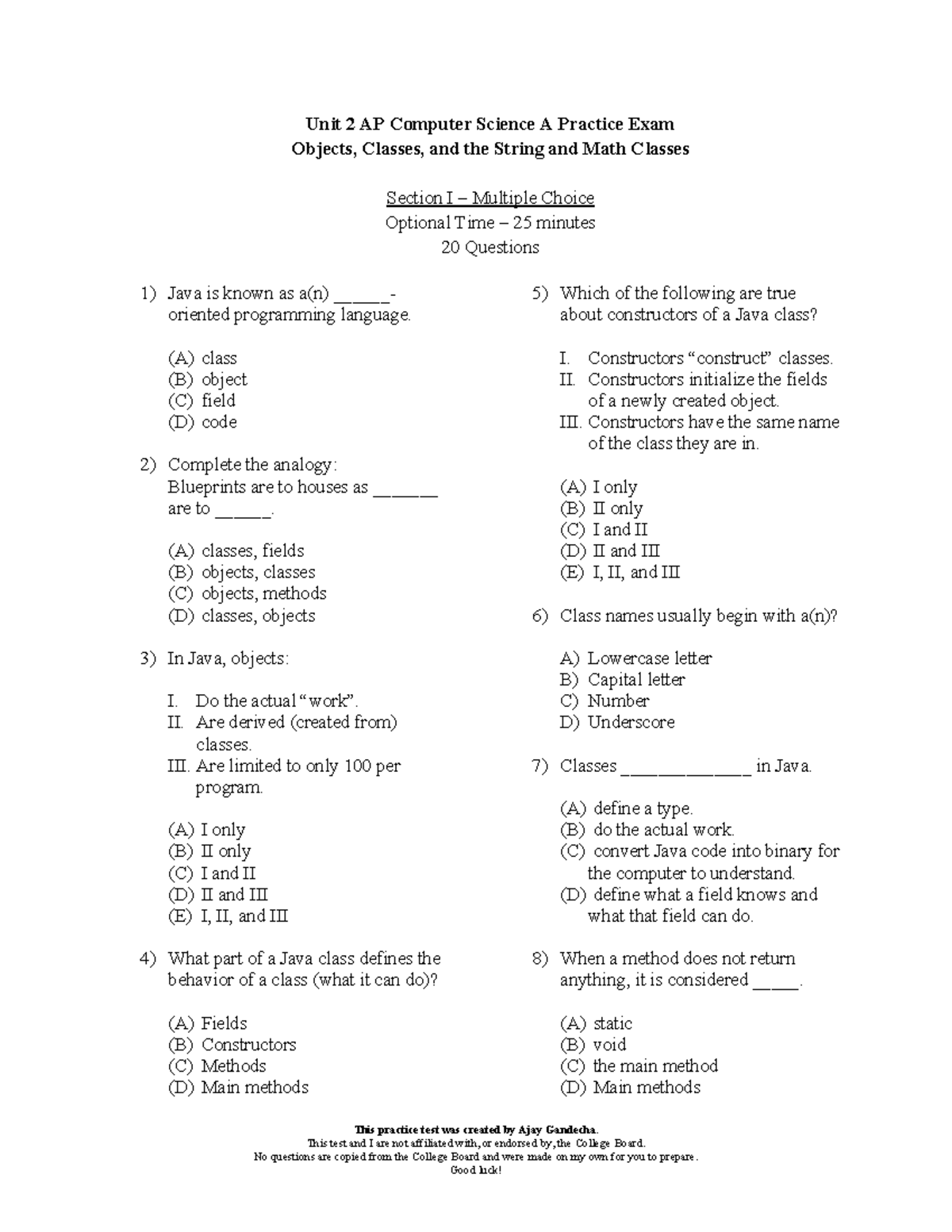 Unit 2 AP Computer Science A Practice Exam: Objects & Classes - Studocu