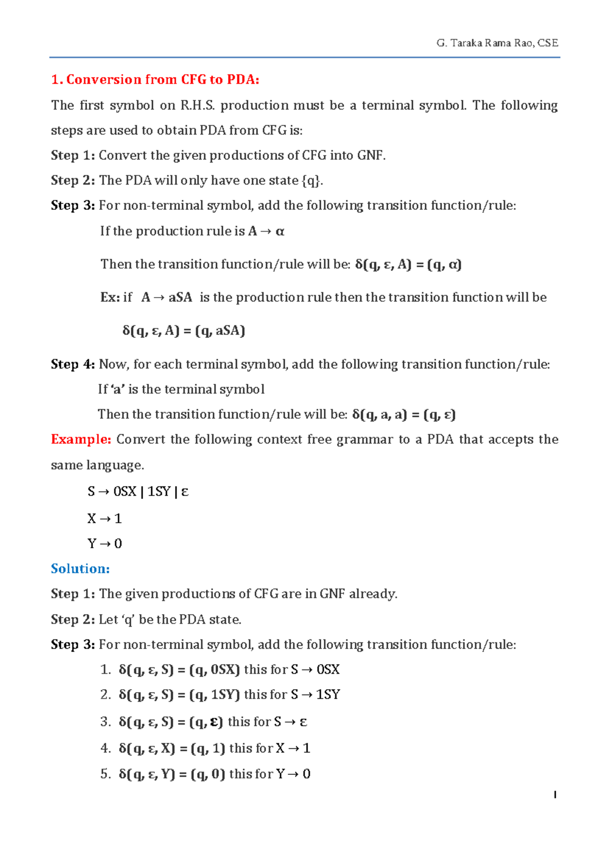 CSE 4.2 Final Exam: CFG to PDA Conversion Guide - Studocu