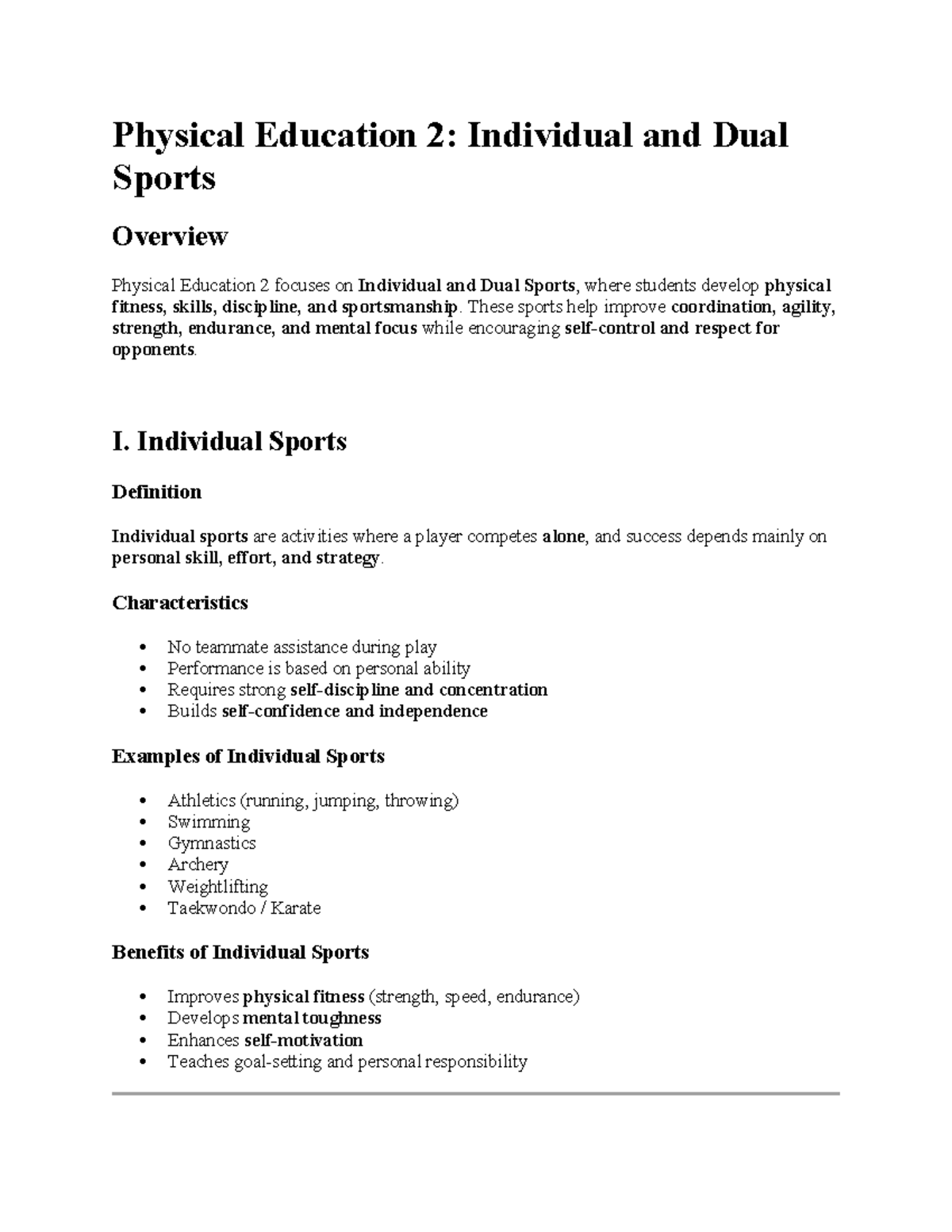 PE 2: Overview of Individual & Dual Sports Skills and Benefits - Studocu