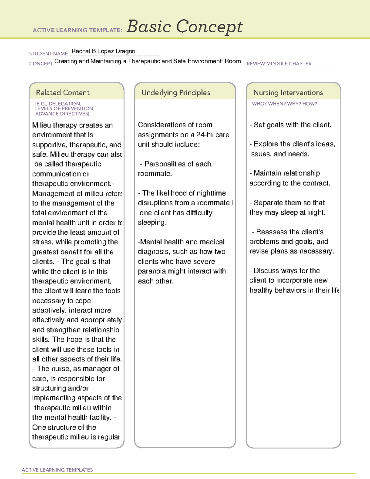 Therapeutic and Safe Environment: Active Learning Template Guide - Studocu