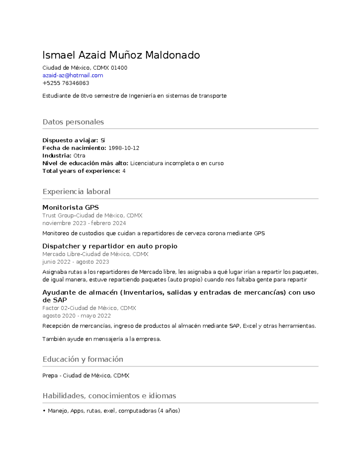 Currículum Vitae de Ismael Azaid Muñoz Maldonado - Estudiante en ...