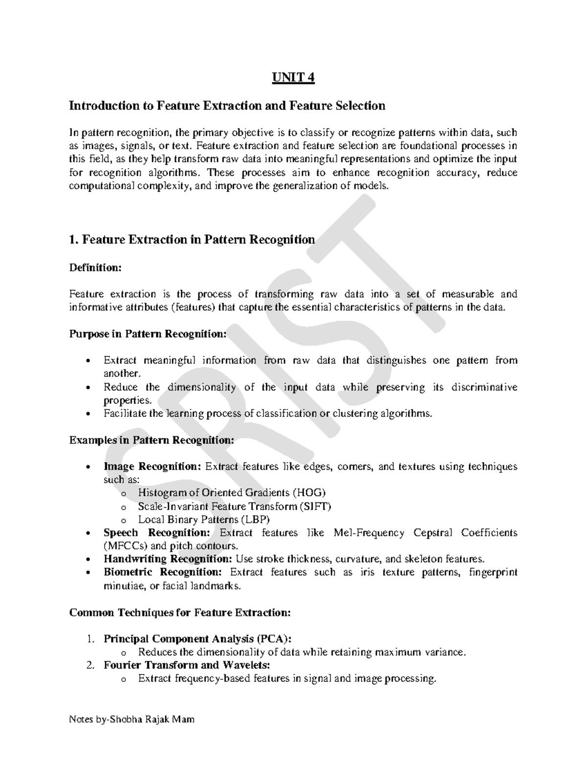 PR Unit 4 Notes: Feature Extraction & Selection in Pattern Recognition ...
