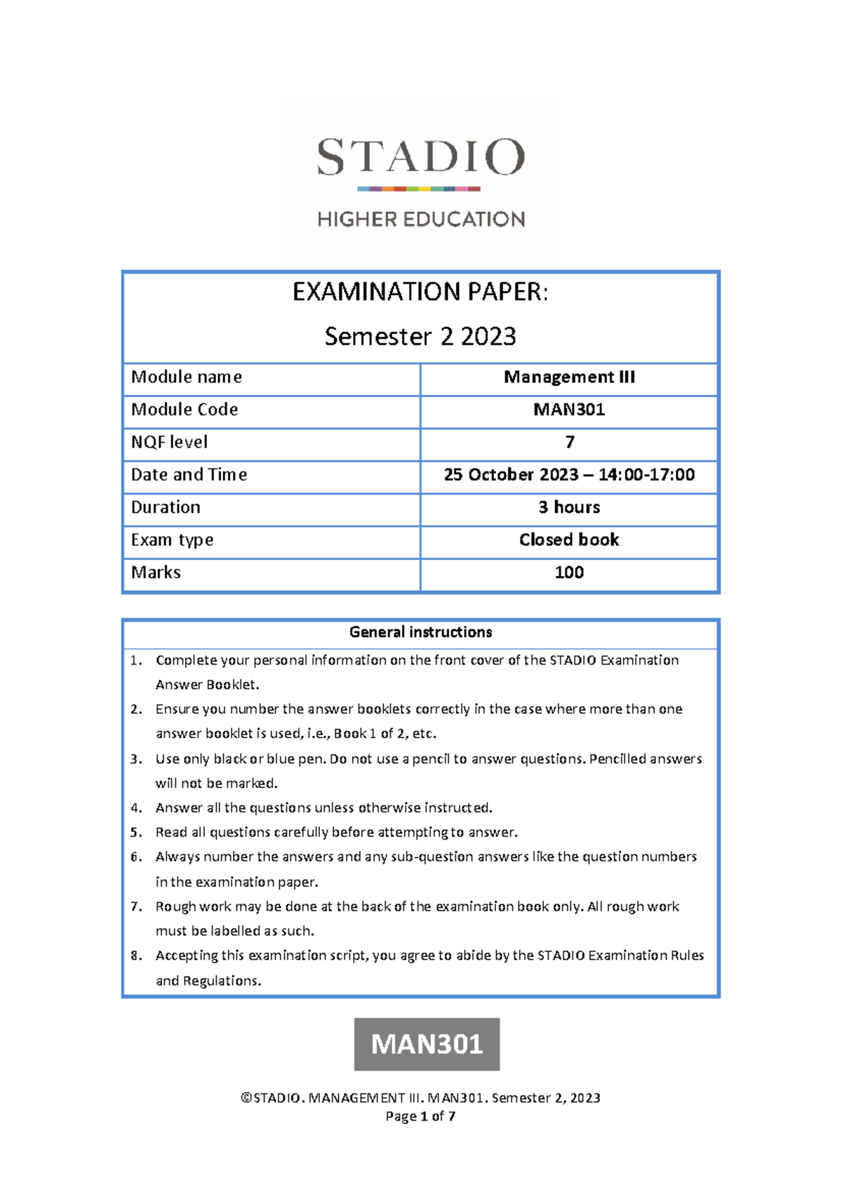 MAN301 2023 Semester 2 Examination Paper: Management Exam Details - Studocu
