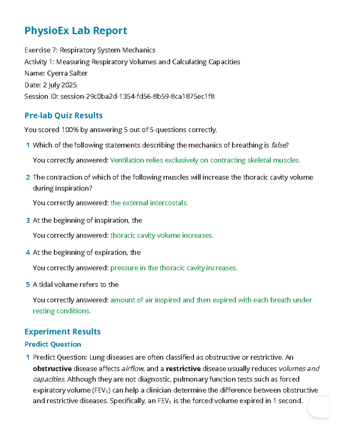 PhysioEx Lab Report: Exercise 7 - Respiratory System Mechanics - Studocu