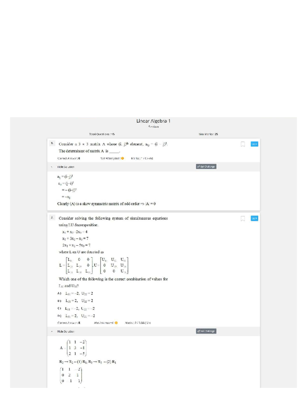 Linear Algebra 01 Solution - Linear Section Total Questions 15 Max ...