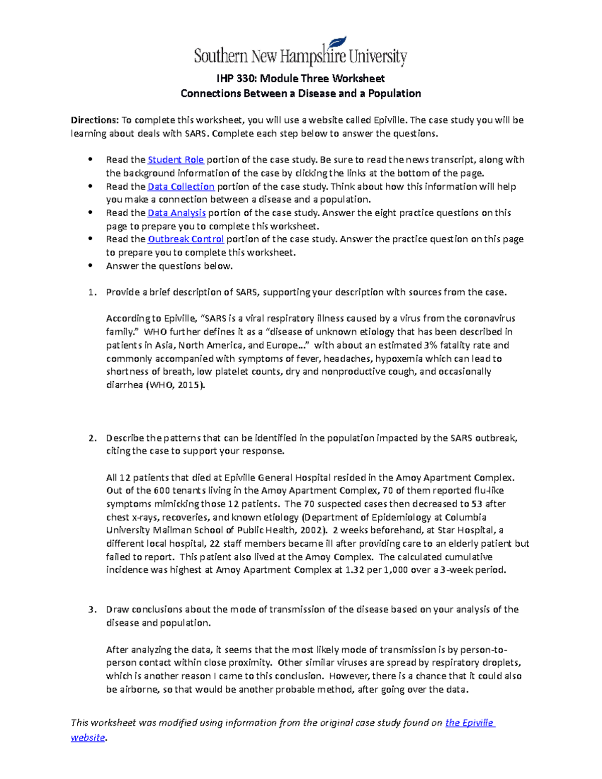 IHP 330: Module 3 Worksheet on SARS and Population Connections - Studocu