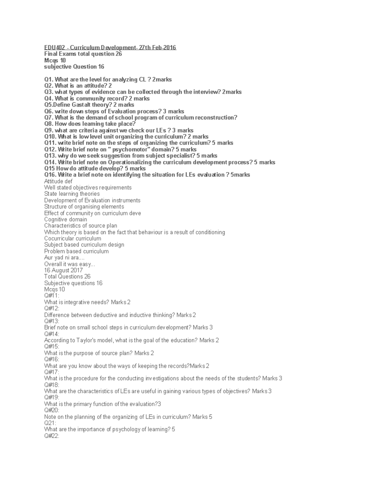 EDU402 Curriculum 27th Final Exam: 26 Questions Overview - Studocu
