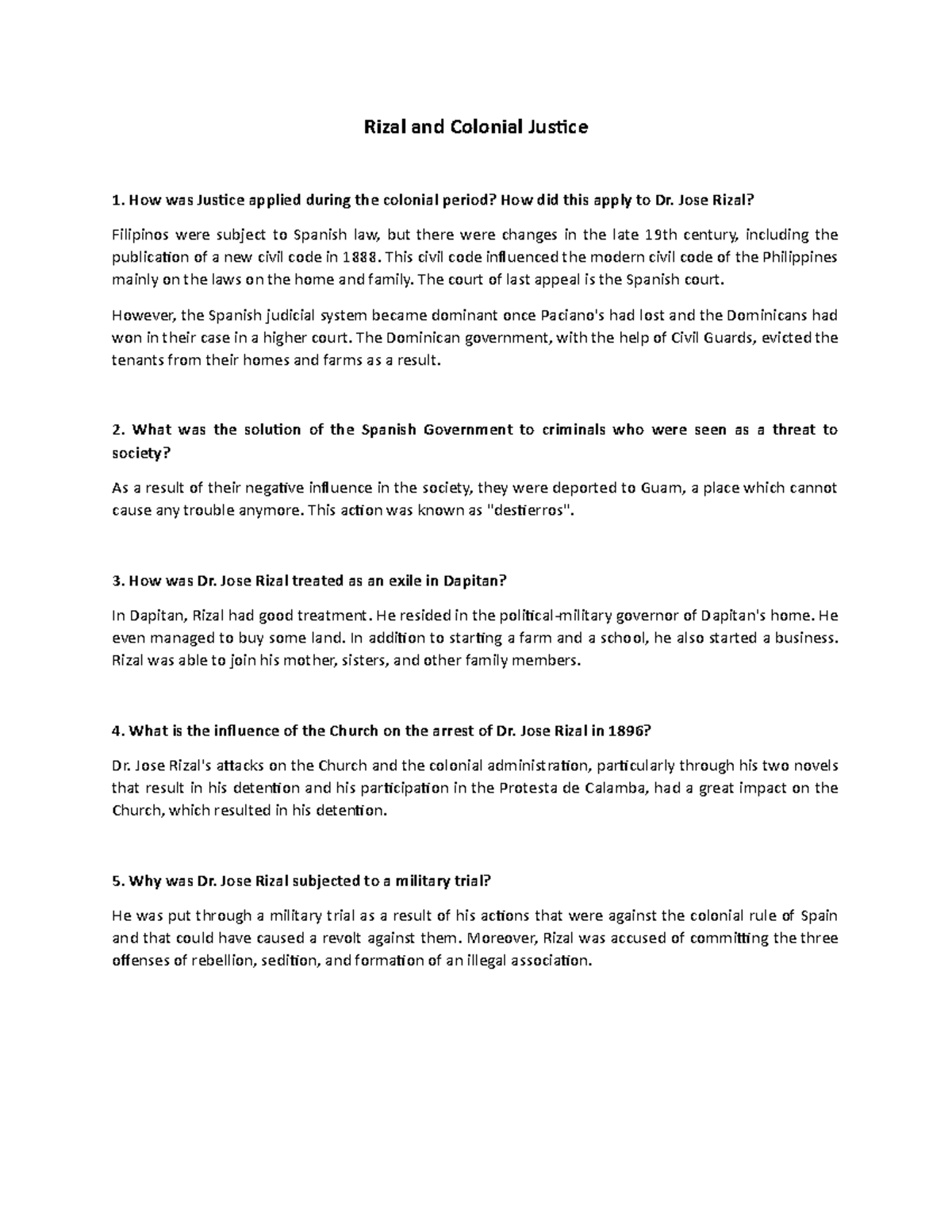 Lecture 20: Rizal and Colonial Justice in the Spanish Era - Studocu