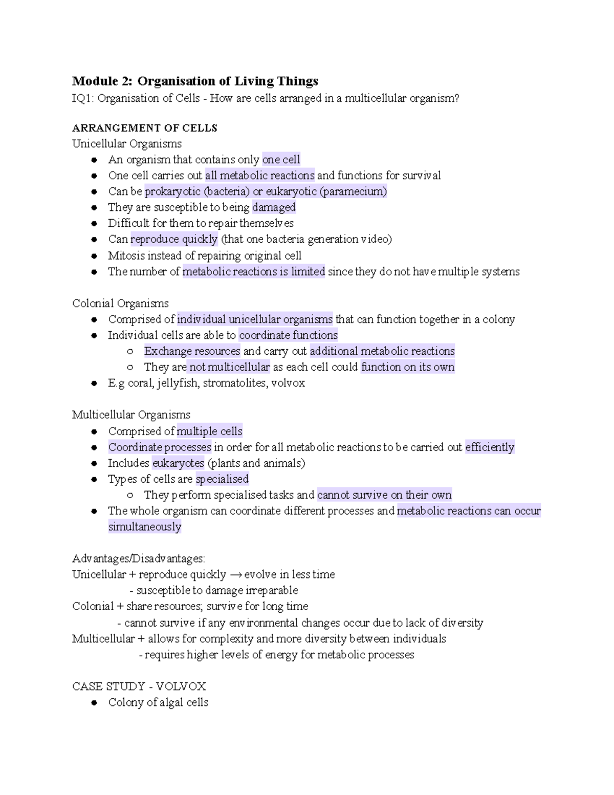 Biology Module 2: Organisation of Living Things Study Notes - Studocu