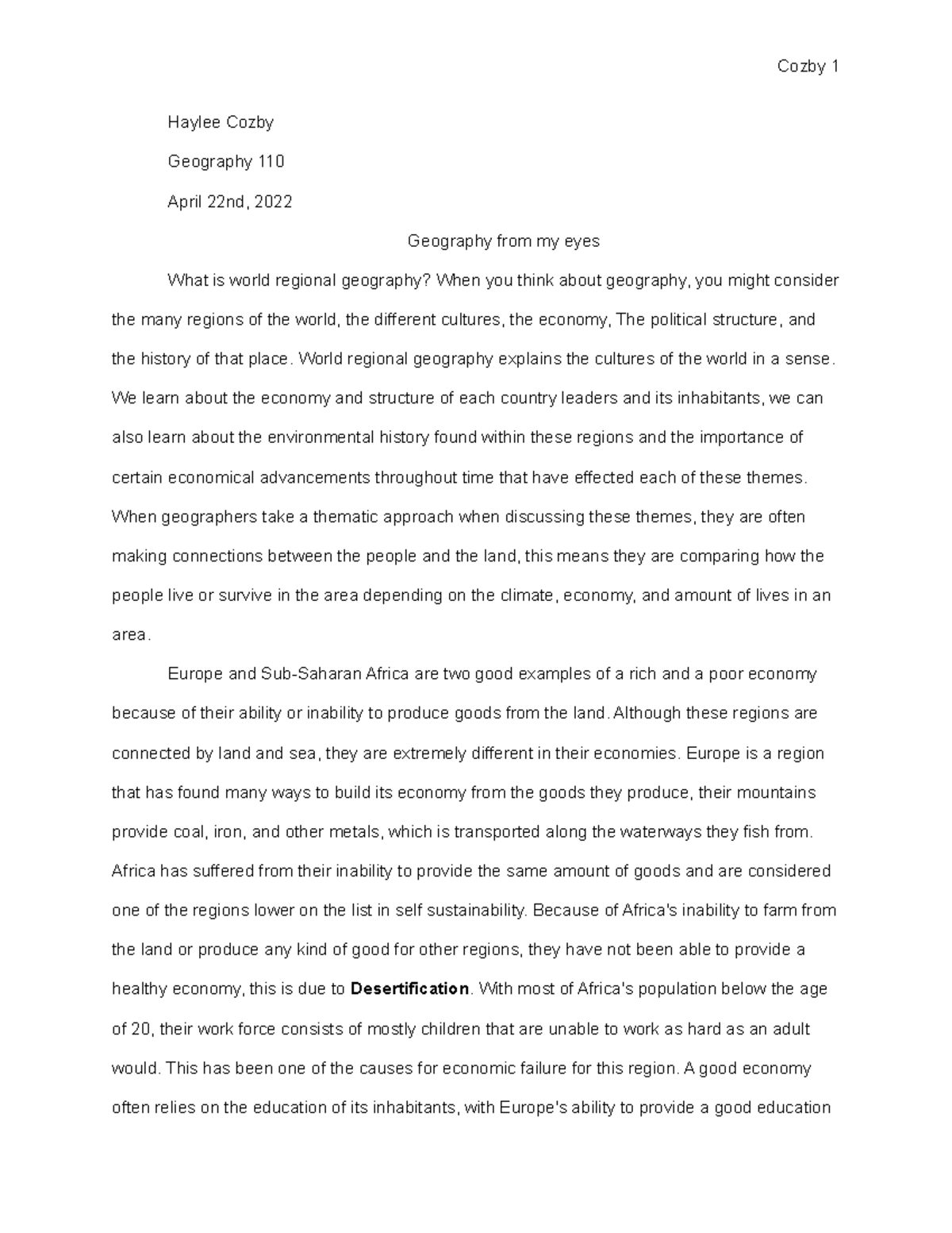Geography 110 Essay: Analyzing the Wealth and Culture of Regions - Studocu