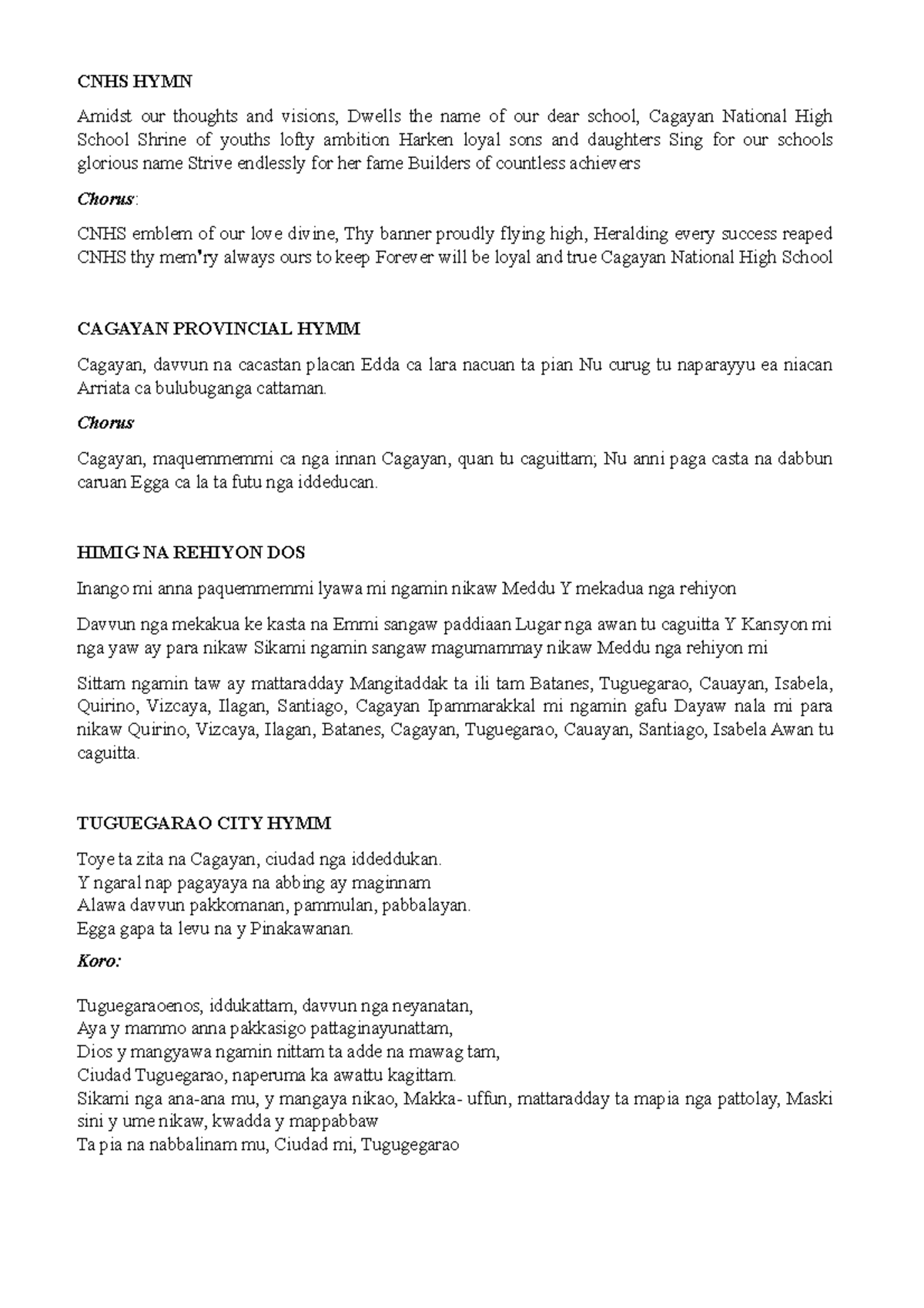 CNHS HYMN & Regional Songs: Cagayan National High School Choir - Studocu