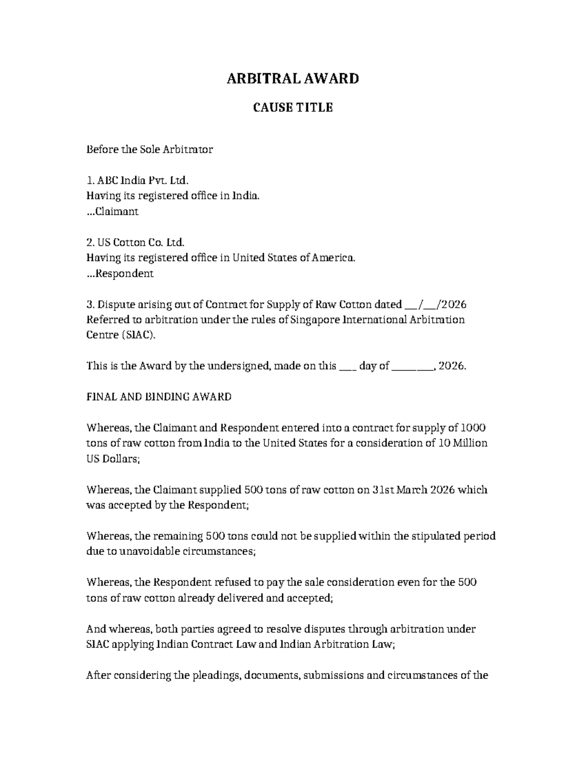 Arbitral Award: ABC India Pvt. Ltd. vs. US Cotton Co. Ltd. - Studocu