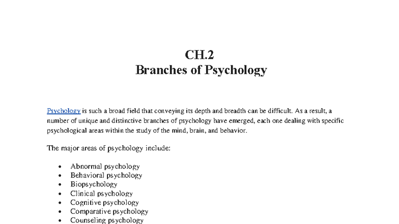 CH.2 Overview of Major Branches in Psychology - Studocu
