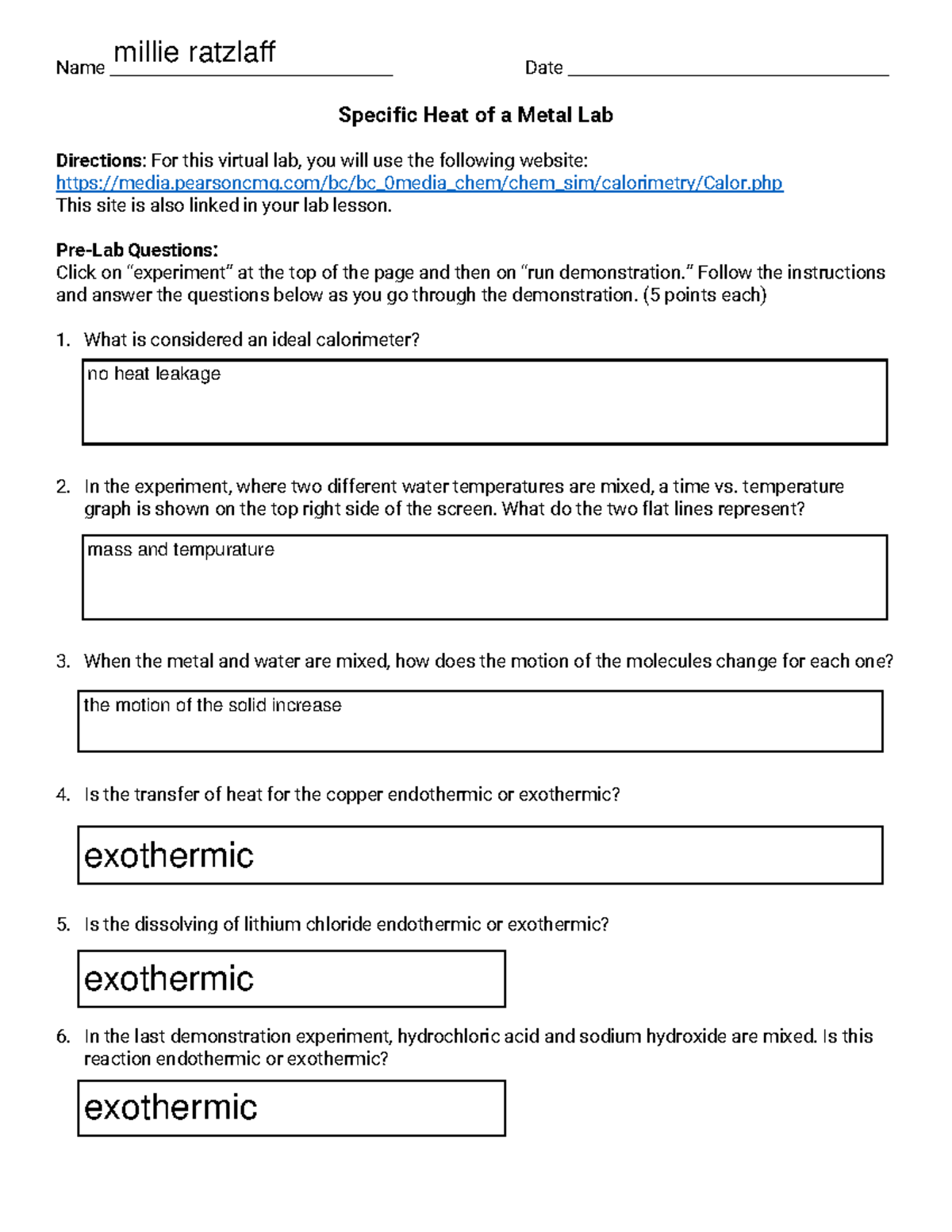 Specific Heat of a Metal Lab (Chem 101) - Virtual Experiment Guide ...
