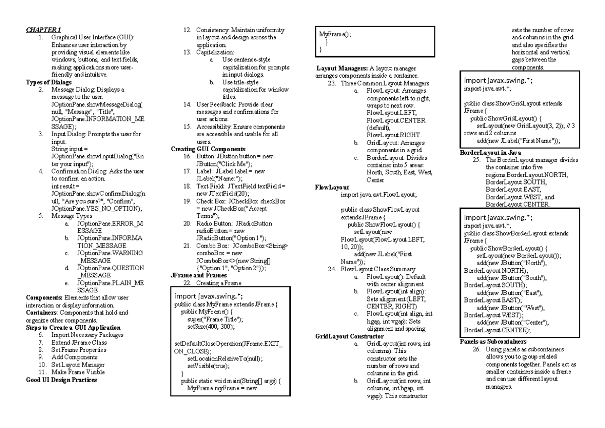 Final Notes on GUI Concepts and Components (CS101) - Studocu