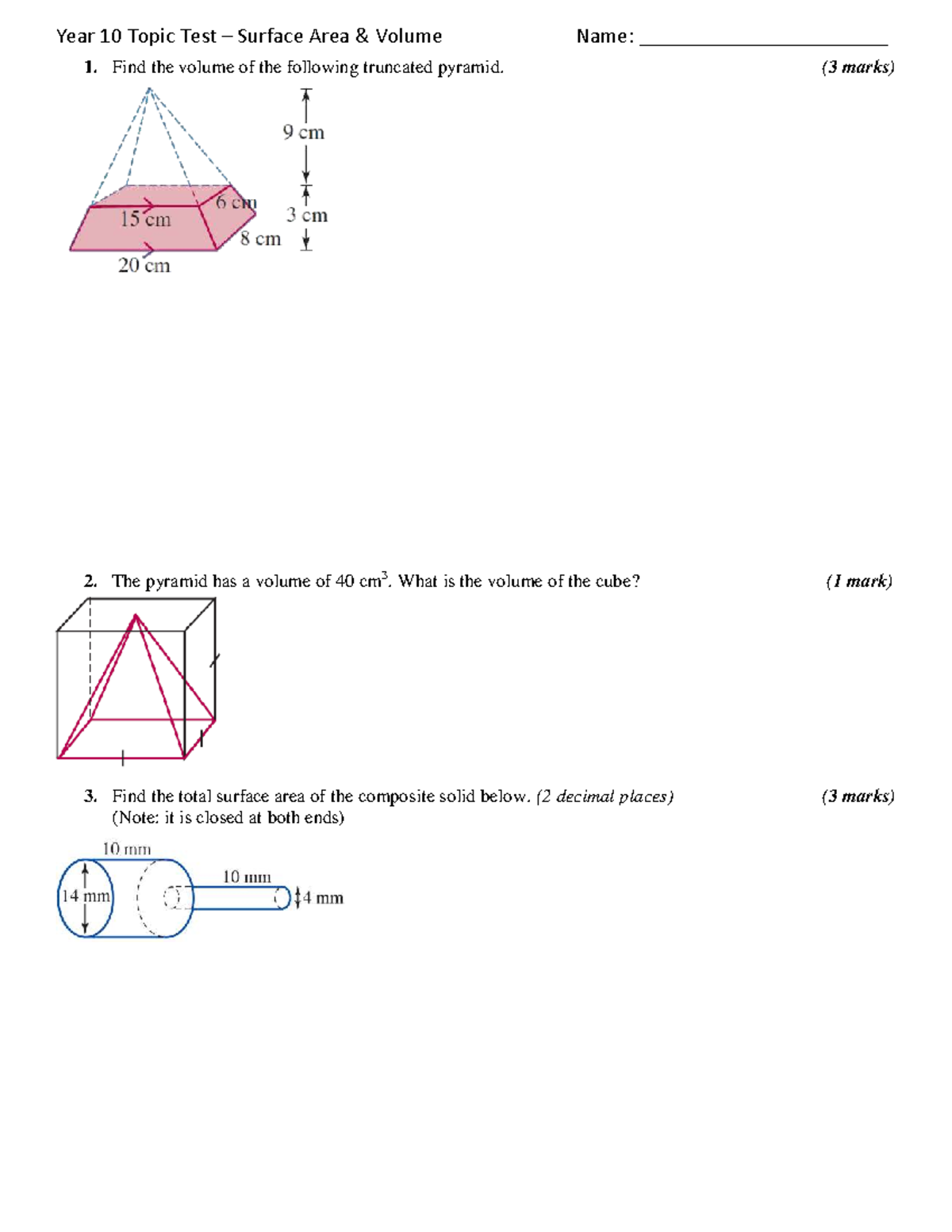 Year 10 Topic Test: Surface Area & Volume Calculations - Studocu