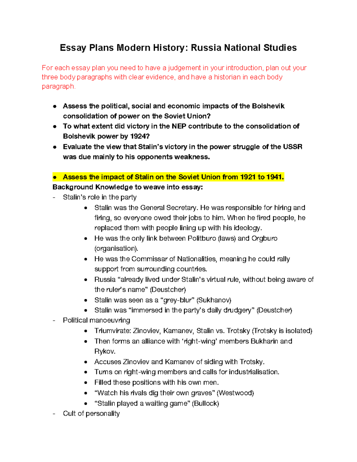 Essay Plans: Modern History (RUSS 101) - Stalin's Impact on the USSR ...