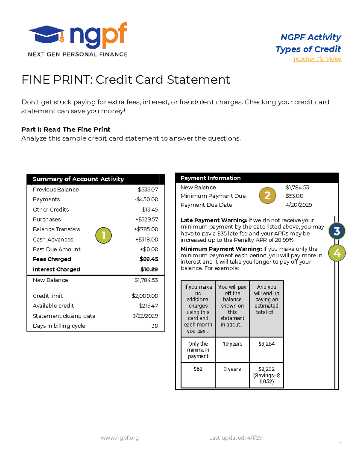NGPF Activity: Analyzing Credit Card Statements for Fees and APR - Studocu
