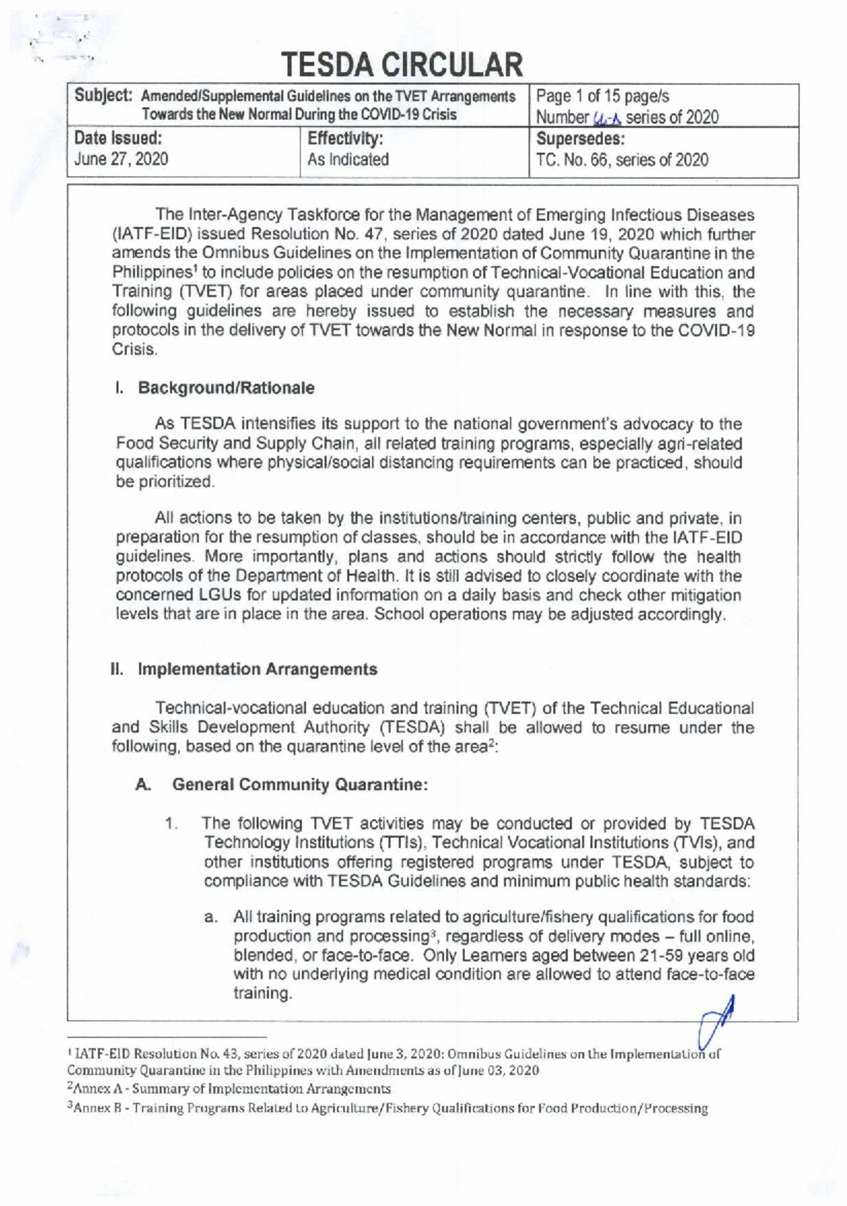 TESDA Circular: TVET Guidelines for New Normal During Crisis - Studocu