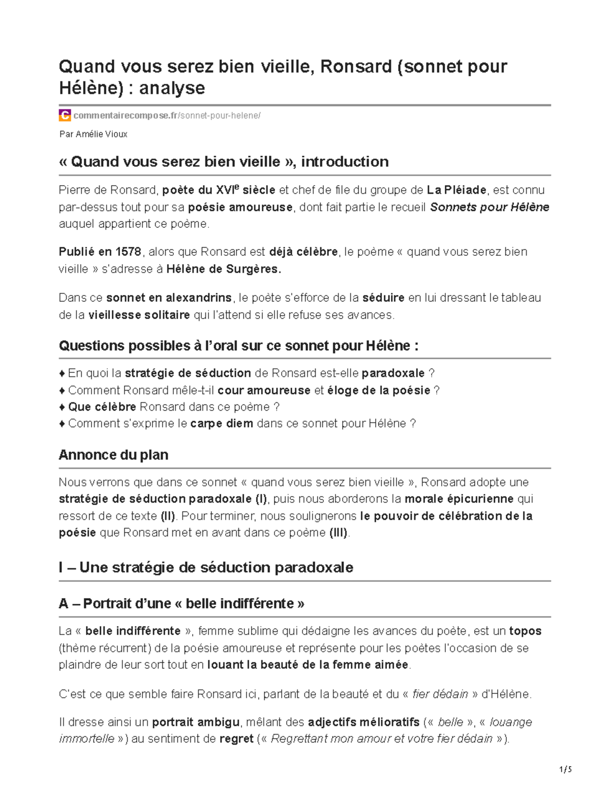 Analyse du Sonnet pour Hélène de Ronsard (Français 101) - Studocu
