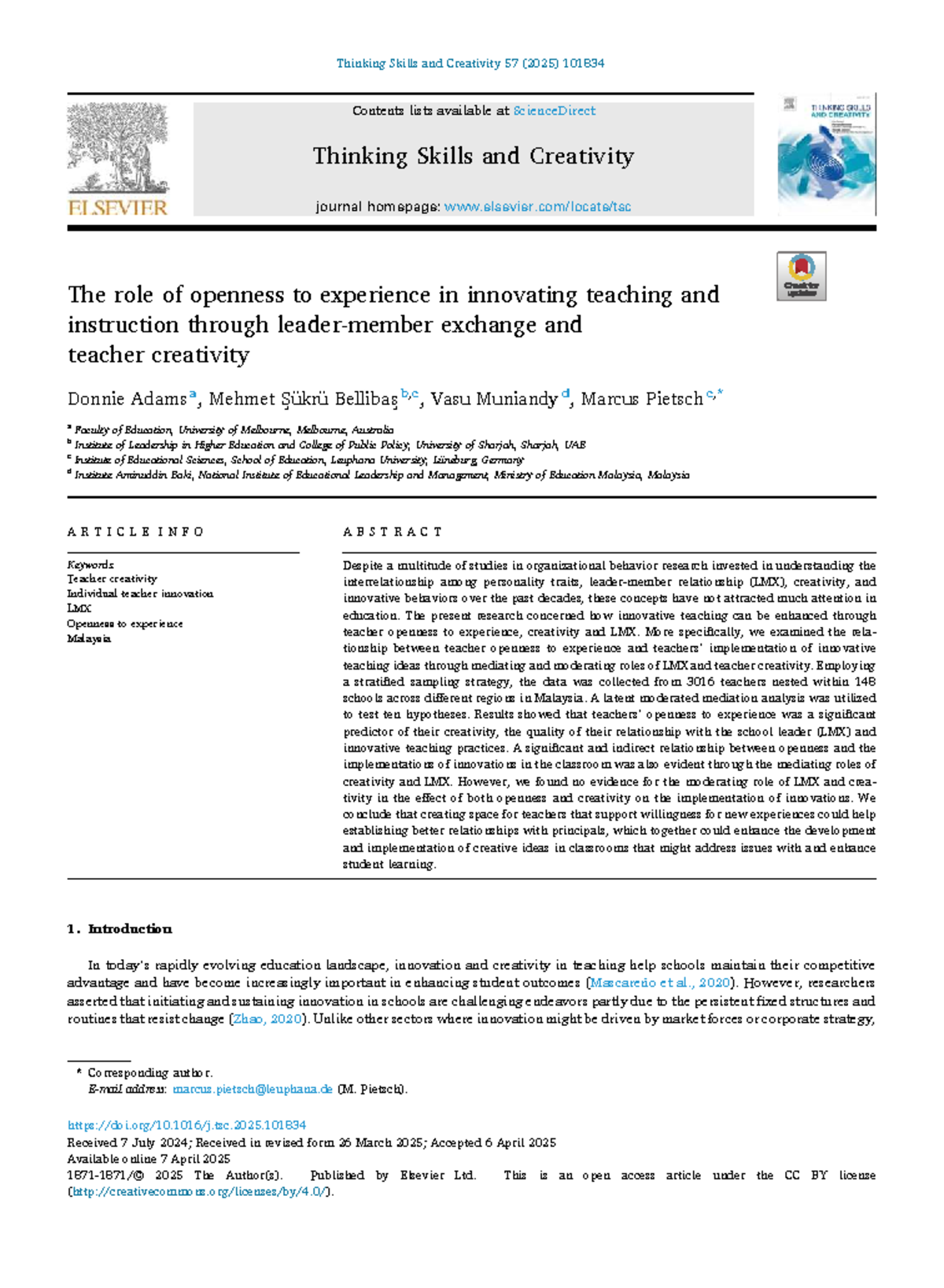 The Role of Openness to Experience in Teacher Innovation: Insights from ...