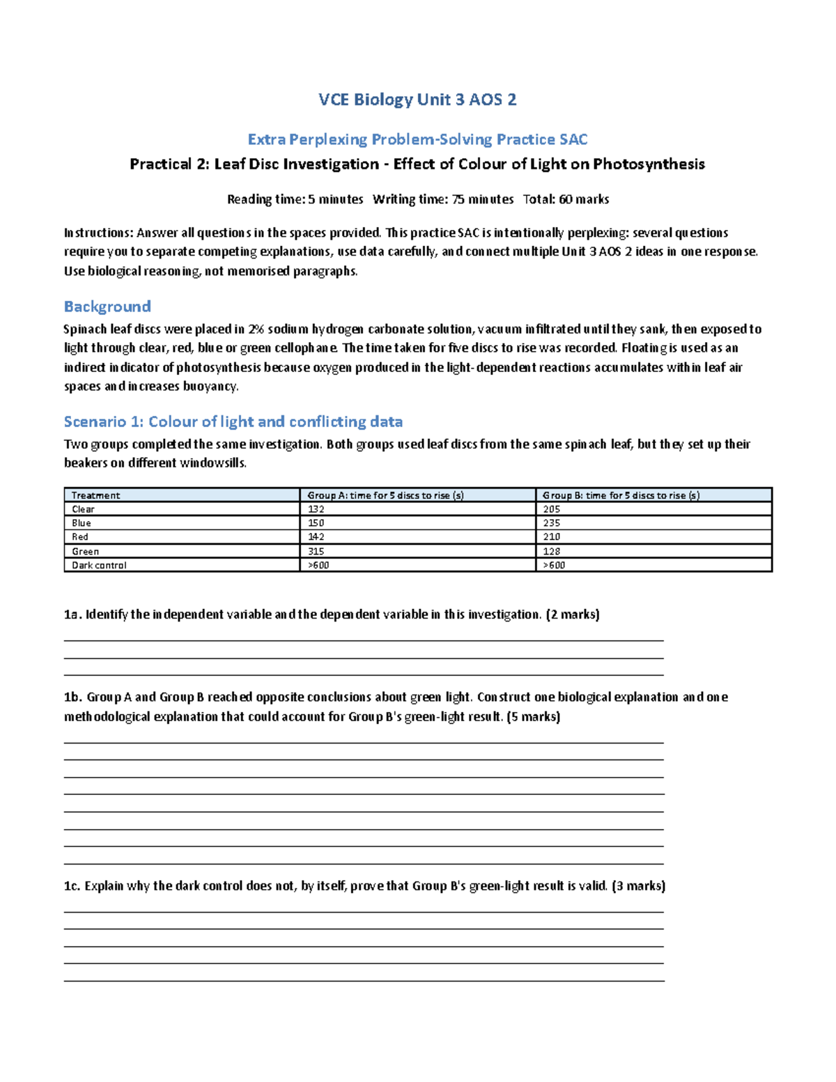 VCE Biology Unit 3 AOS 2 Practice SAC 2: Leaf Disc Investigation on ...