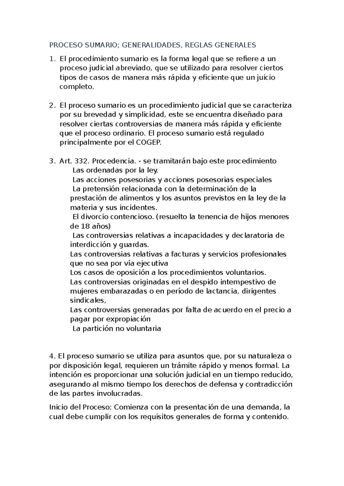Generalidades sobre el Proceso Sumario en Ecuador - Studocu