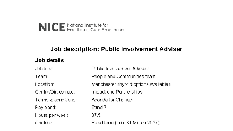 Public Involvement Adviser Job Description - NICE (907-821) - Studocu