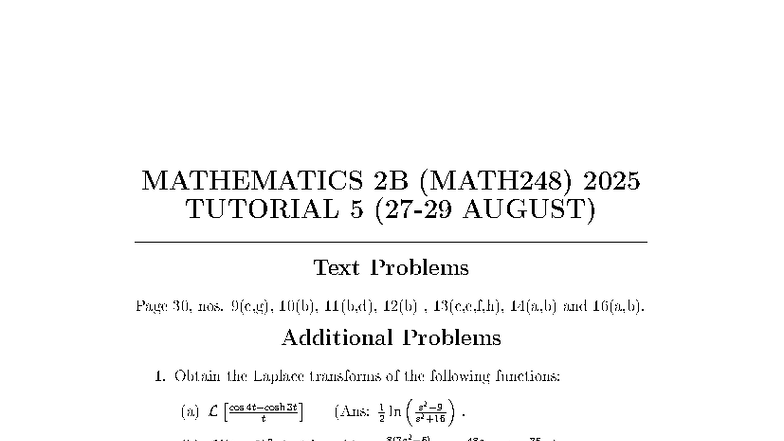 MATHEMATICS 2B (MATH248) 2025 TUTORIAL 5: Laplace Transform Problems ...
