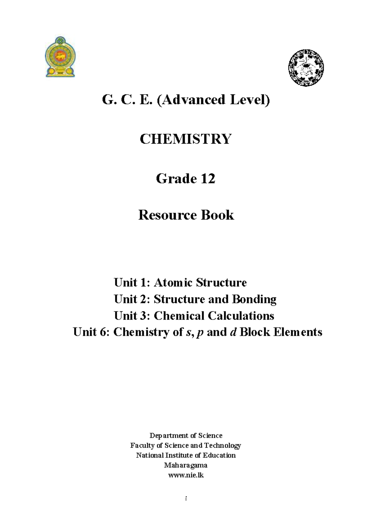 G.C.E. (A/L) Chemistry Resource Book: Units 1-3 & 6 Overview - Studocu