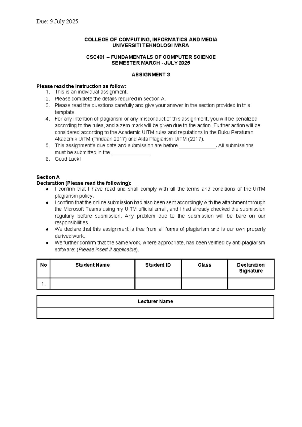 CSC401 Assignment 3: Fundamentals of Computer Science Due 9 July 2025 - Studocu