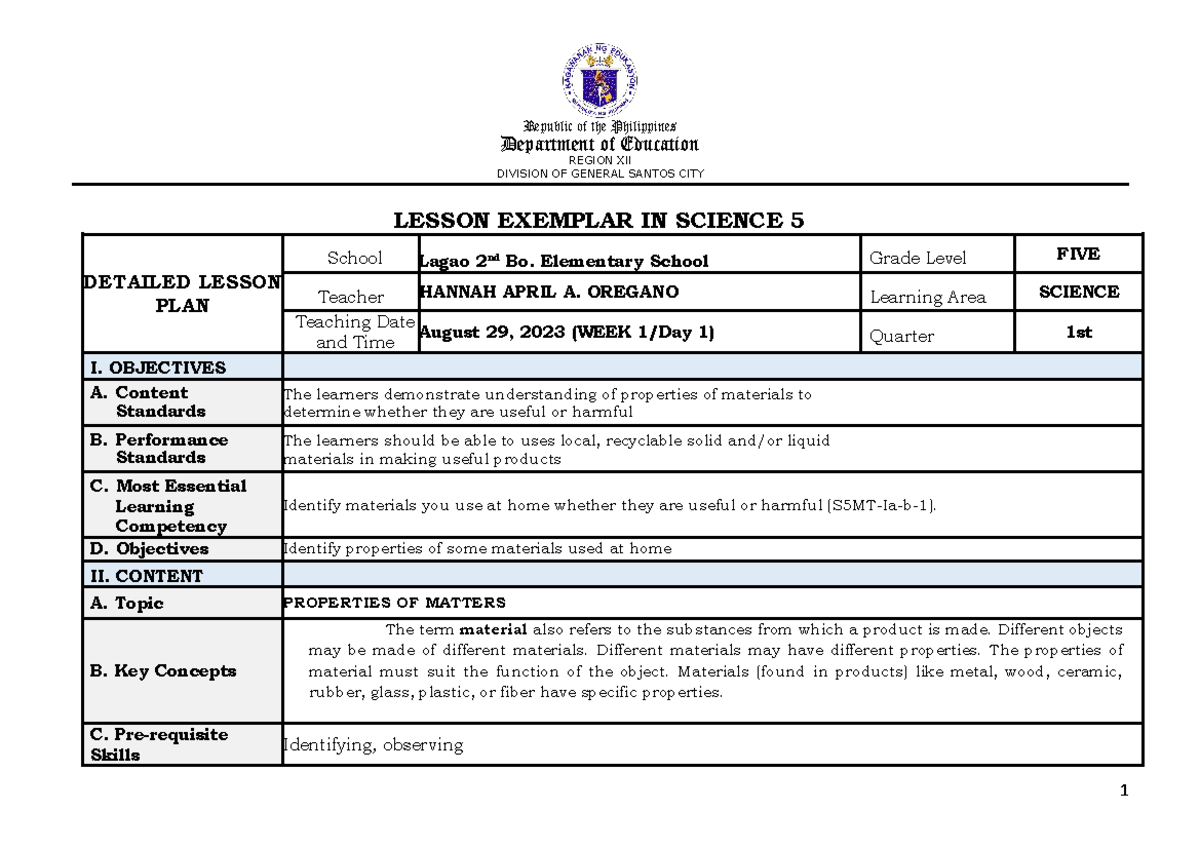 Science 5 Q1 Lesson Plan: Properties of Materials (W1/D1) - Studocu