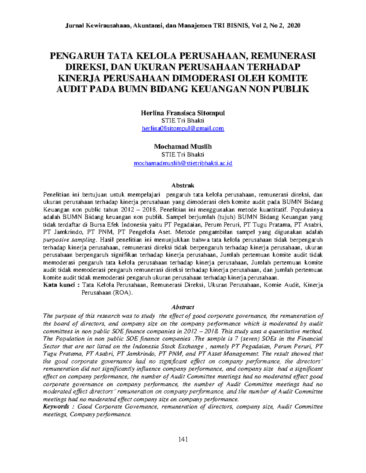 Pengaruh Corporate Governance, Remunerasi, dan Ukuran Perusahaan ...